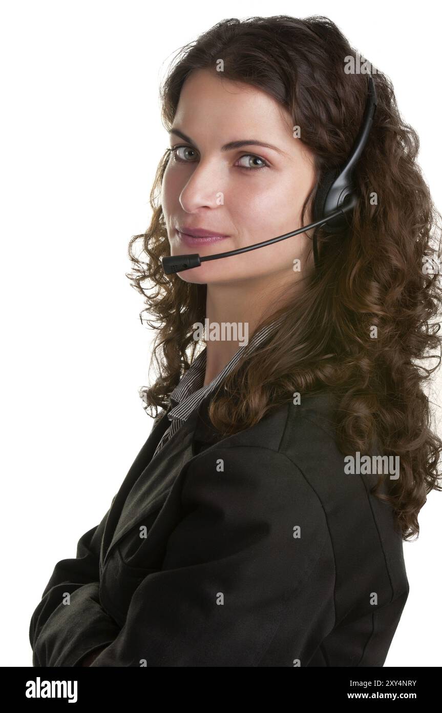 Corporate woman talking over her headset, isolated in a white background Stock Photo - Alamy