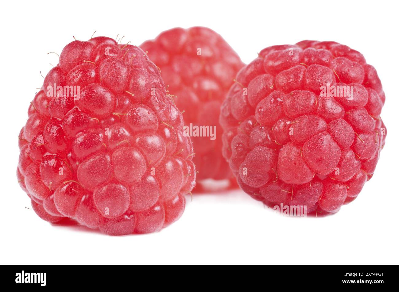 Group of three red raspberries on a white background Stock Photo - Alamy