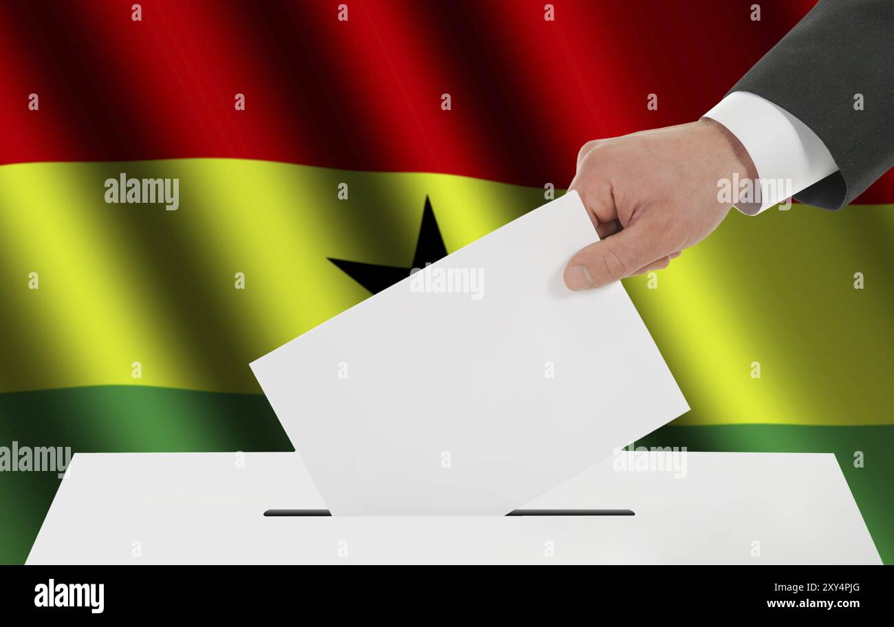 The Ghana flag and the hand with the bulletin about the ballot box ...