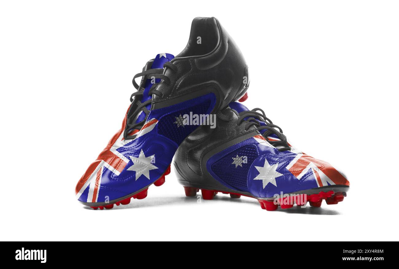 The Australian flag painted on football boots. Isolated on white ...