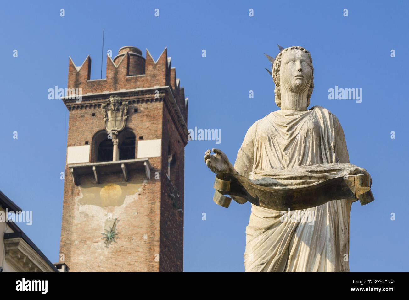 The ancient roman statue called Madonna Verona on a fountain in Piazza ...