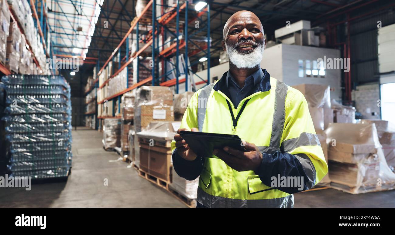 Black man, smile and tablet in warehouse for inspection, inventory ...