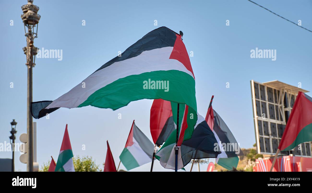 Presence of Palestinian flags raised in protest at the finish line of ...