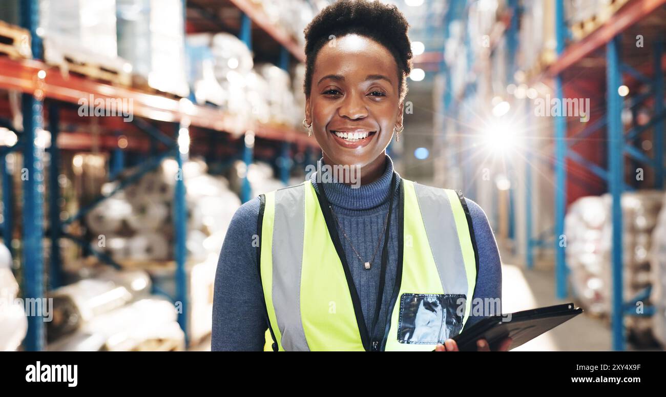 Black woman, portrait and tablet in warehouse for logistic, inventory ...