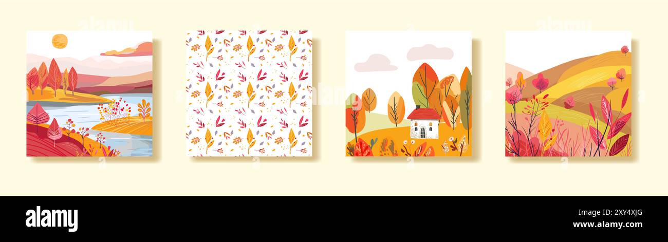 Set of square posters with autumn cards. Dear hills houses. Black woman ...