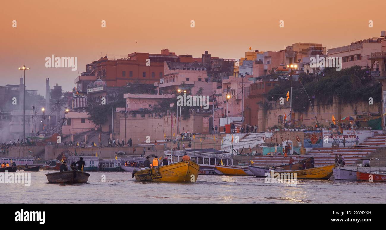 Varanasi, India. General View On Nishadraj Ghat And Jain Ghat. Purple ...