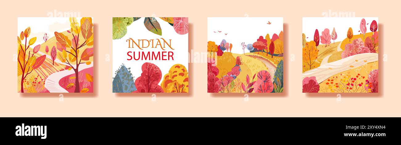 Set with landscapes. Indian summer. Hand drawn. Sun over the river ...
