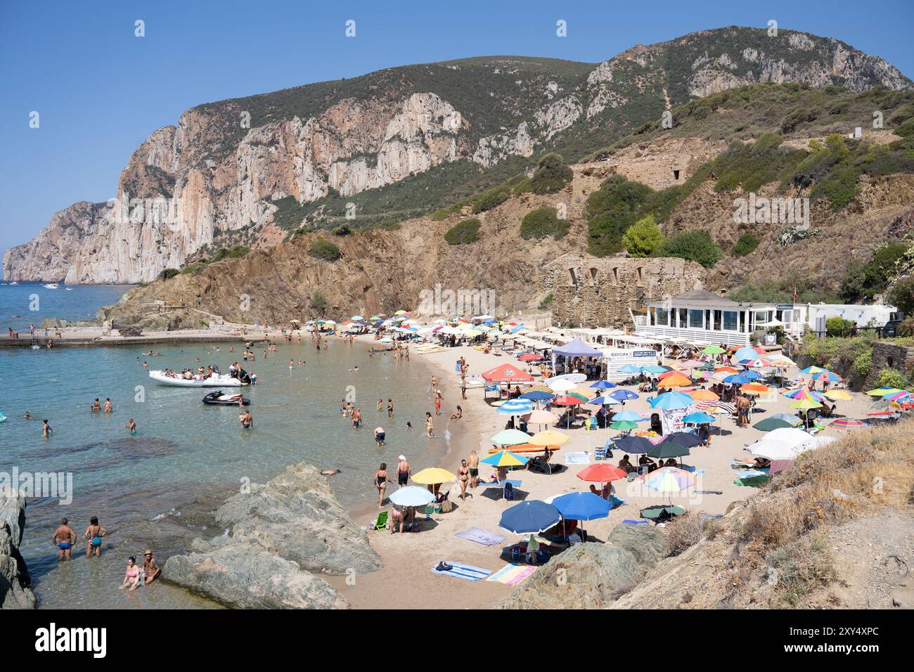 Masua, Italy - August 23, 2023: Masua Beach in southern of Sardinia ...