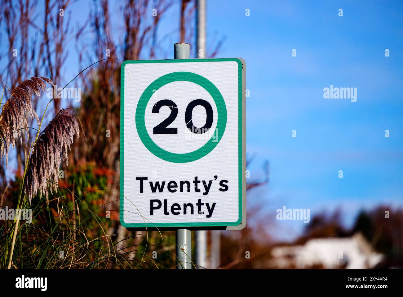 Road sign that reads "20" in a green round circle and TWENTY'S PLENTY ...
