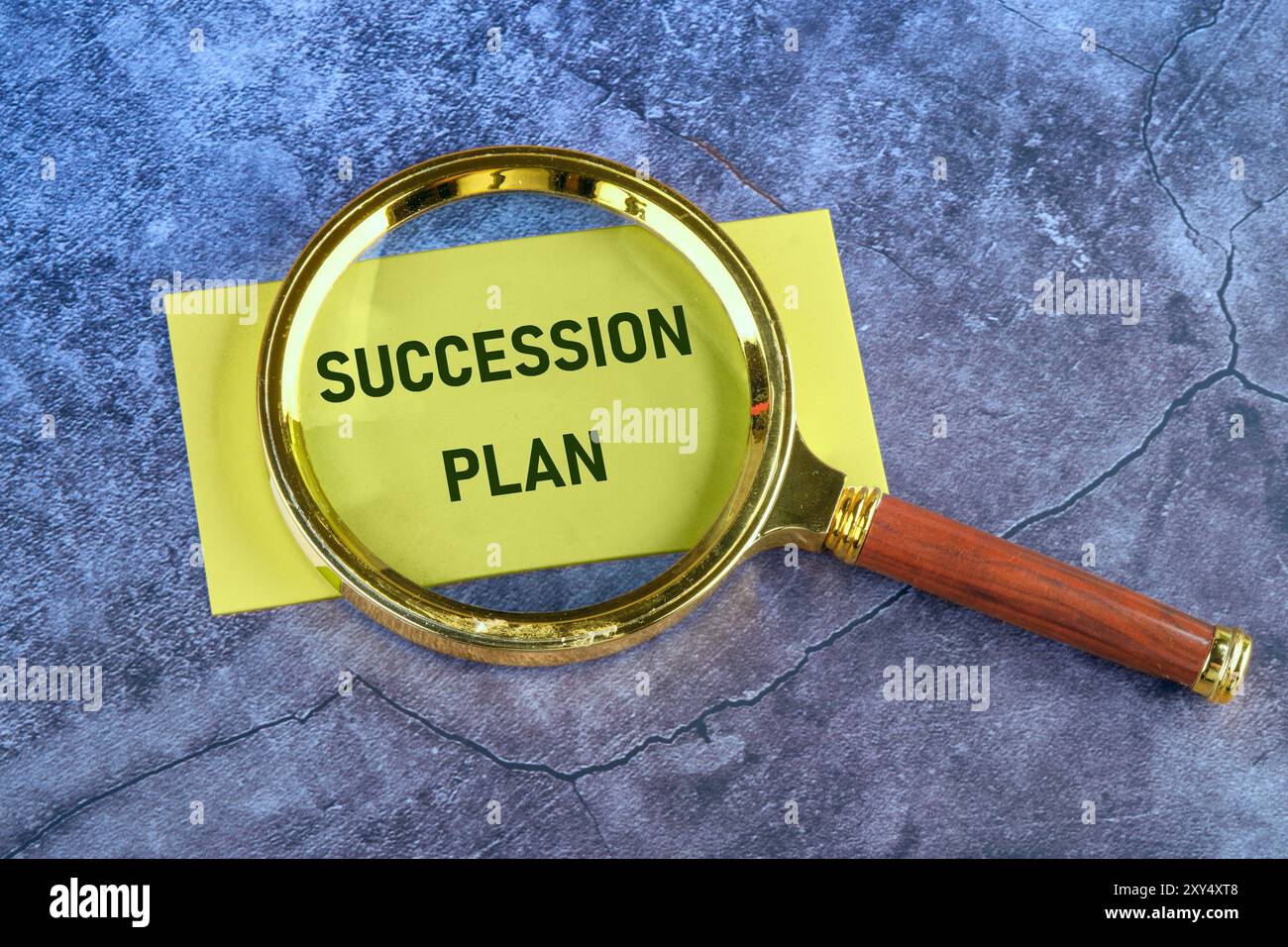 SUCCESSION PLAN word alphabet letters through a magnifying glass on a ...