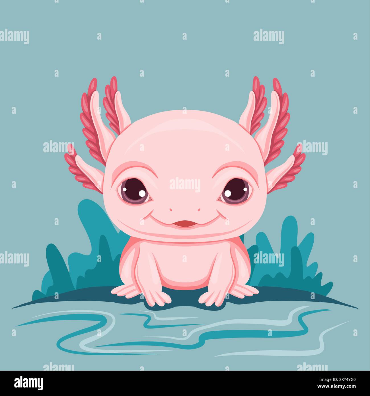 Vector illustration of cute smiling pink axolotl in cartoon style ...