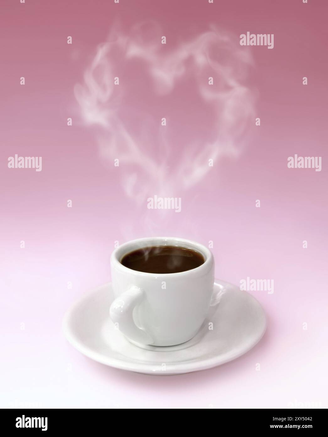 Cup of steaming aromatic black hot coffee with heart shaped steam over ...