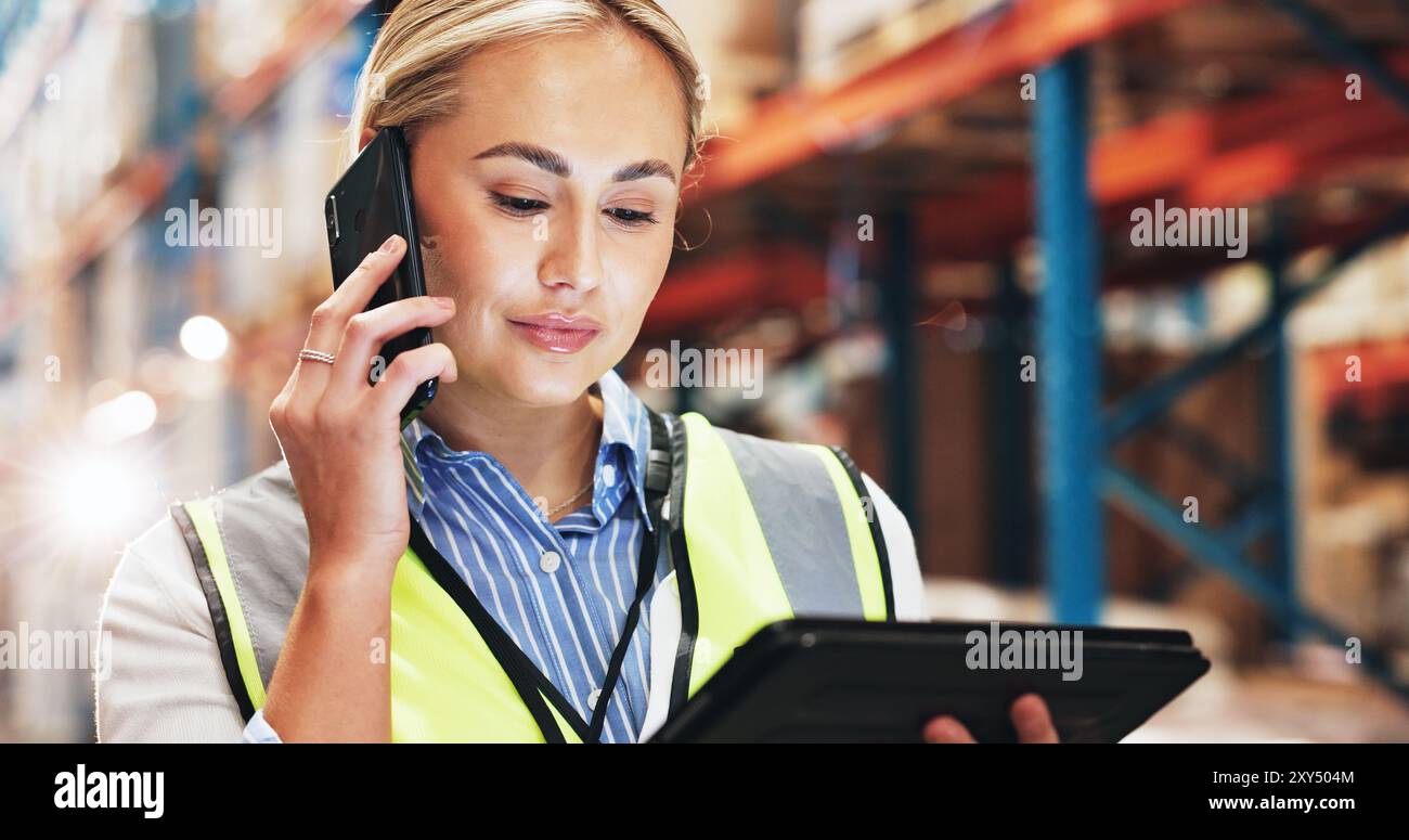 Logistics, woman and tablet with phone call for talking, coordinate ...