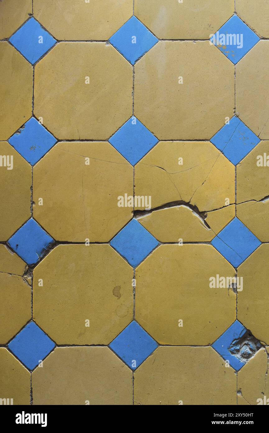 Close-up of an old floor tile with a two-tone pattern. Chapped floor ...