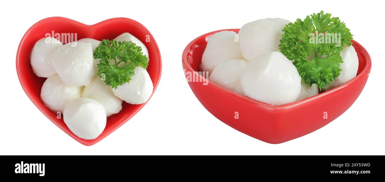Mini mozzarella balls with parsley in a red ceramic bowl isolated on ...