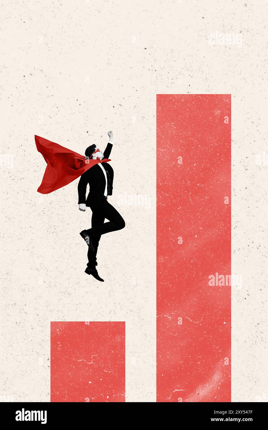 Vertical photo collage of serious businessman wear superhero suit cape ...