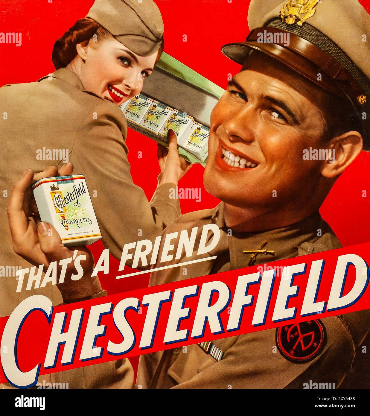 Chesterfield Cigarettes poster feat a female and male american soldiers ...