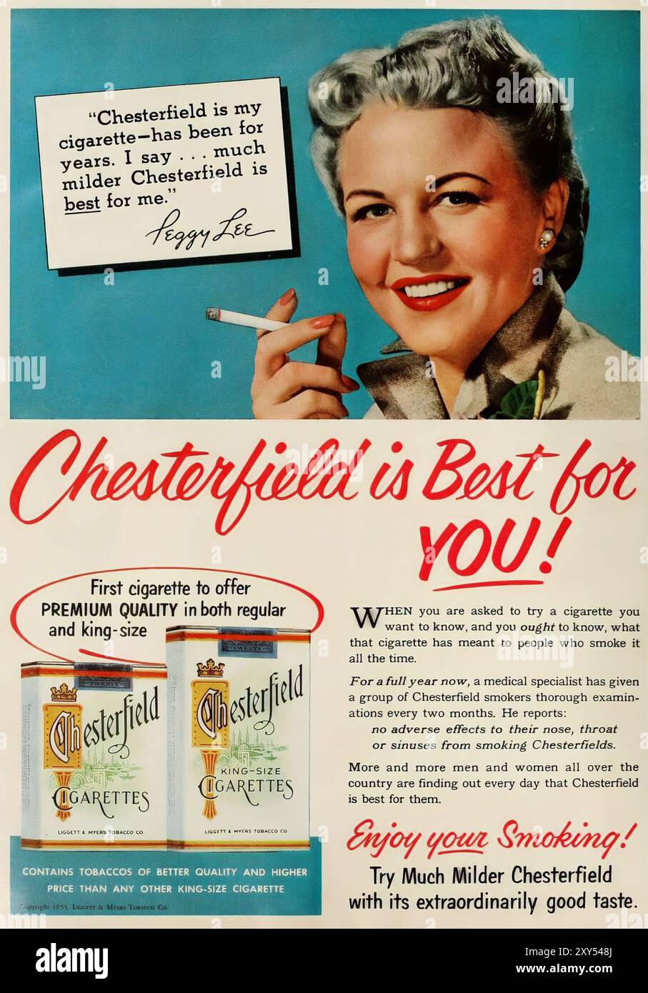 1950s Vintage Magazine ad - Peggy Lee - Chesterfield is my cigarette ...