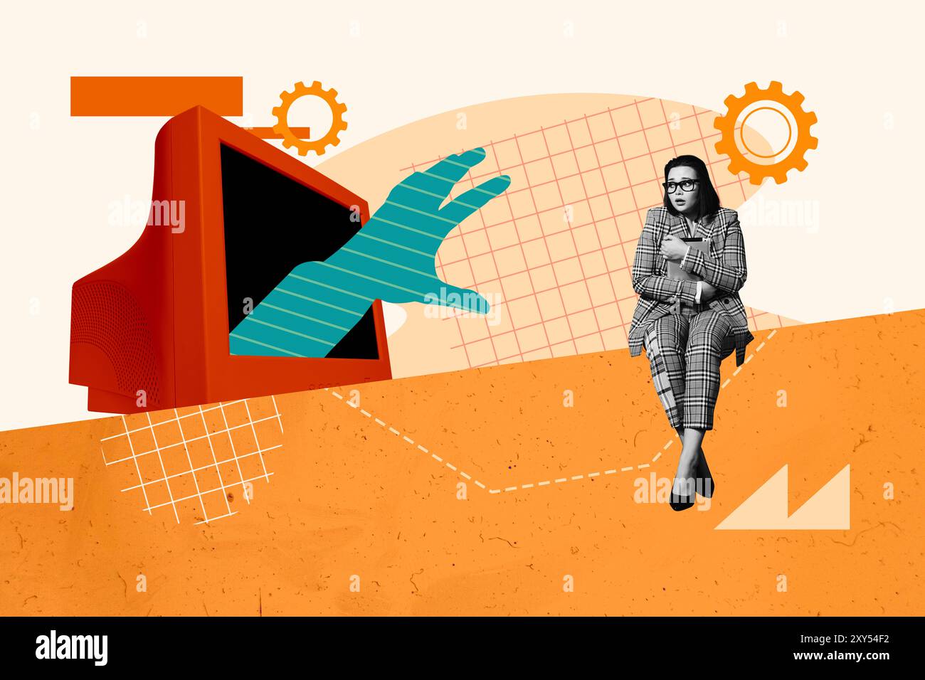 Photo collage young businesswoman cogwheel business monitor pc hand ...