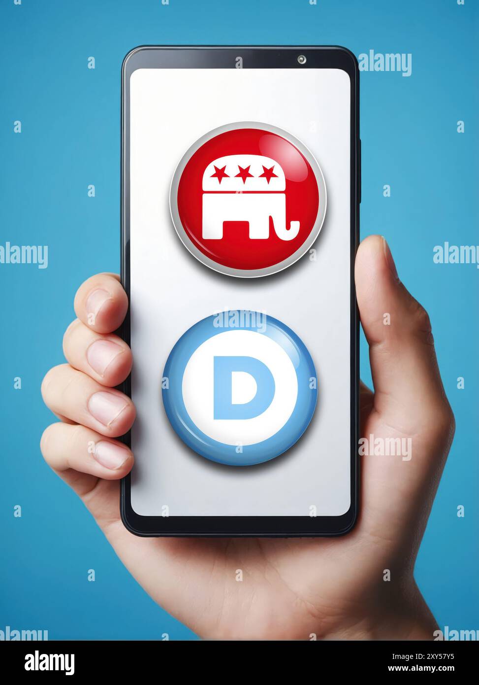 hand holding a smartphone with symbols of Republican and Democrat ...