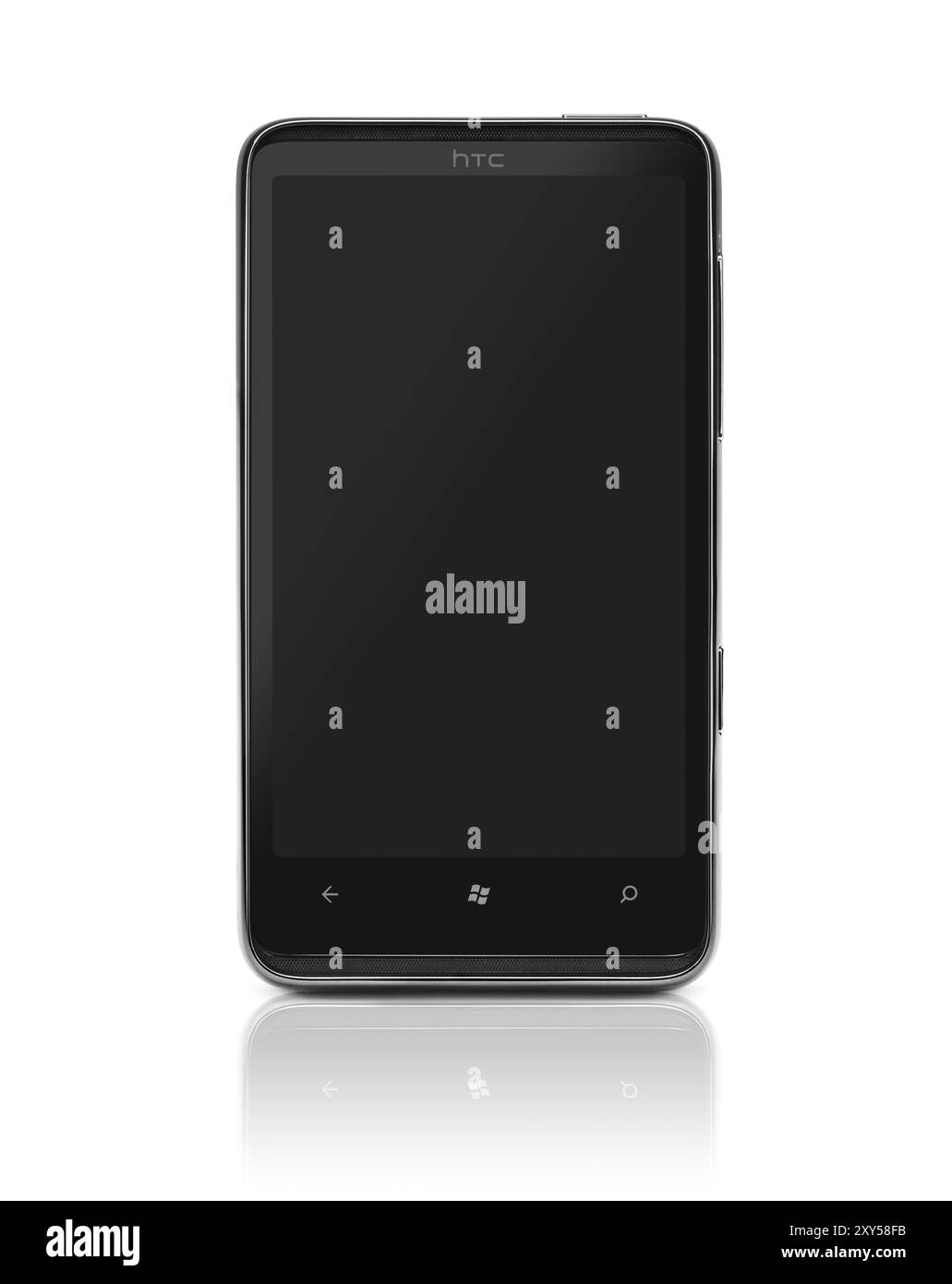 Windows 7 phone. HTC HD7 smartphone with clear screen isolated with ...