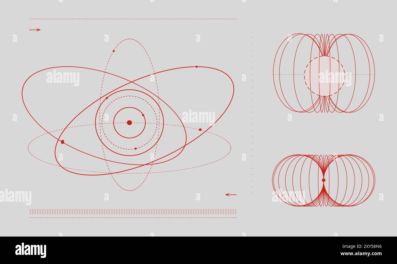 Atomic model with electrons orbiting the nucleus in elliptical paths ...
