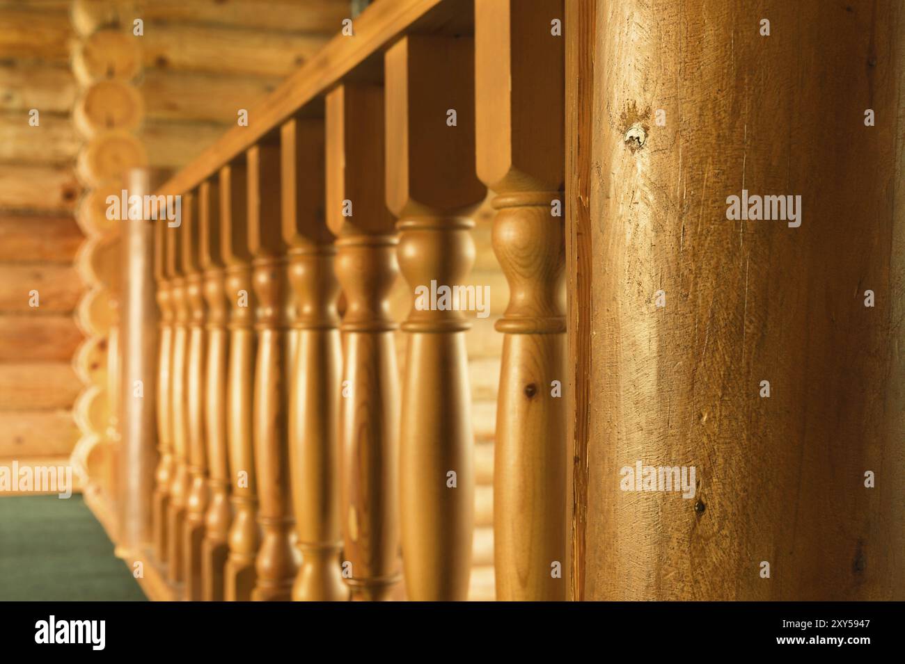 Close-up row of wooden column wooden stairs in russian wooden ...