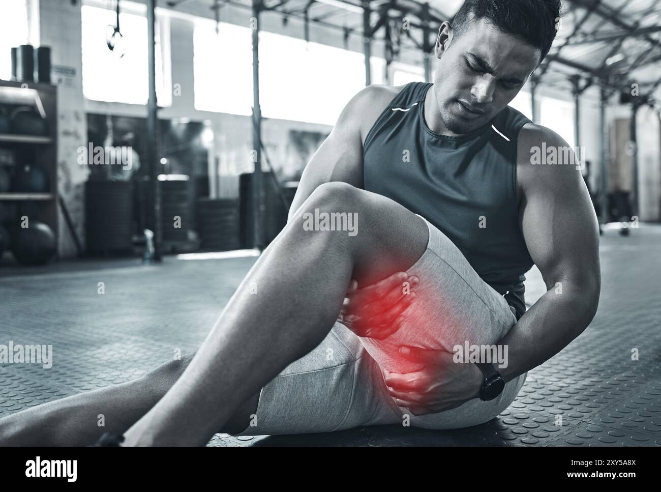 Man, gym and thigh pain from fitness injury with overlay, exercise ...