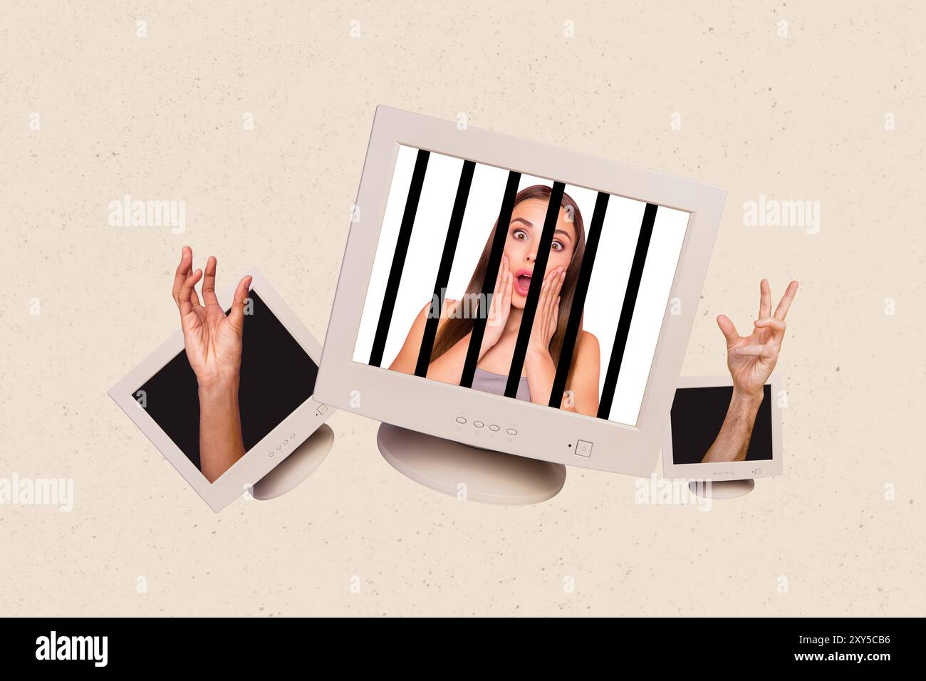 Collage picture young shocked astonished scared woman prisoner cell ...