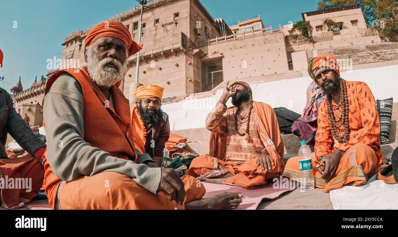 Varanasi, Uttar Pradesh, India. Group of Sadhus - indian holymen ...