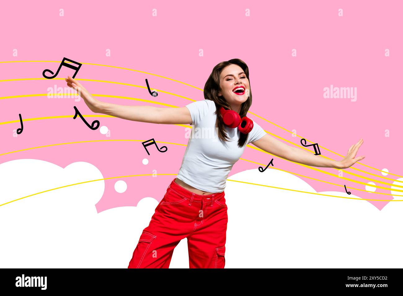 Creative drawing collage picture of funny girl headphones hands plane ...