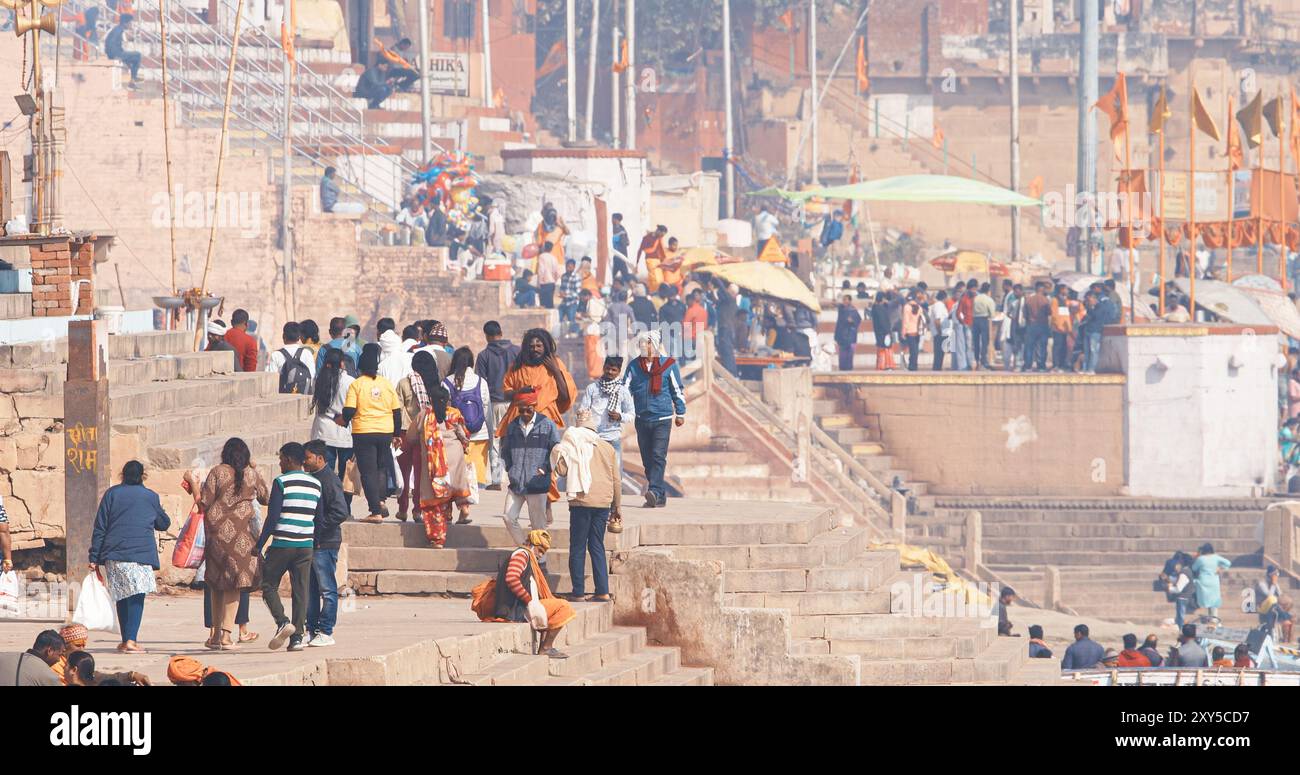 Varanasi, Uttar Pradesh, India. People walking on ghat steps Stock ...
