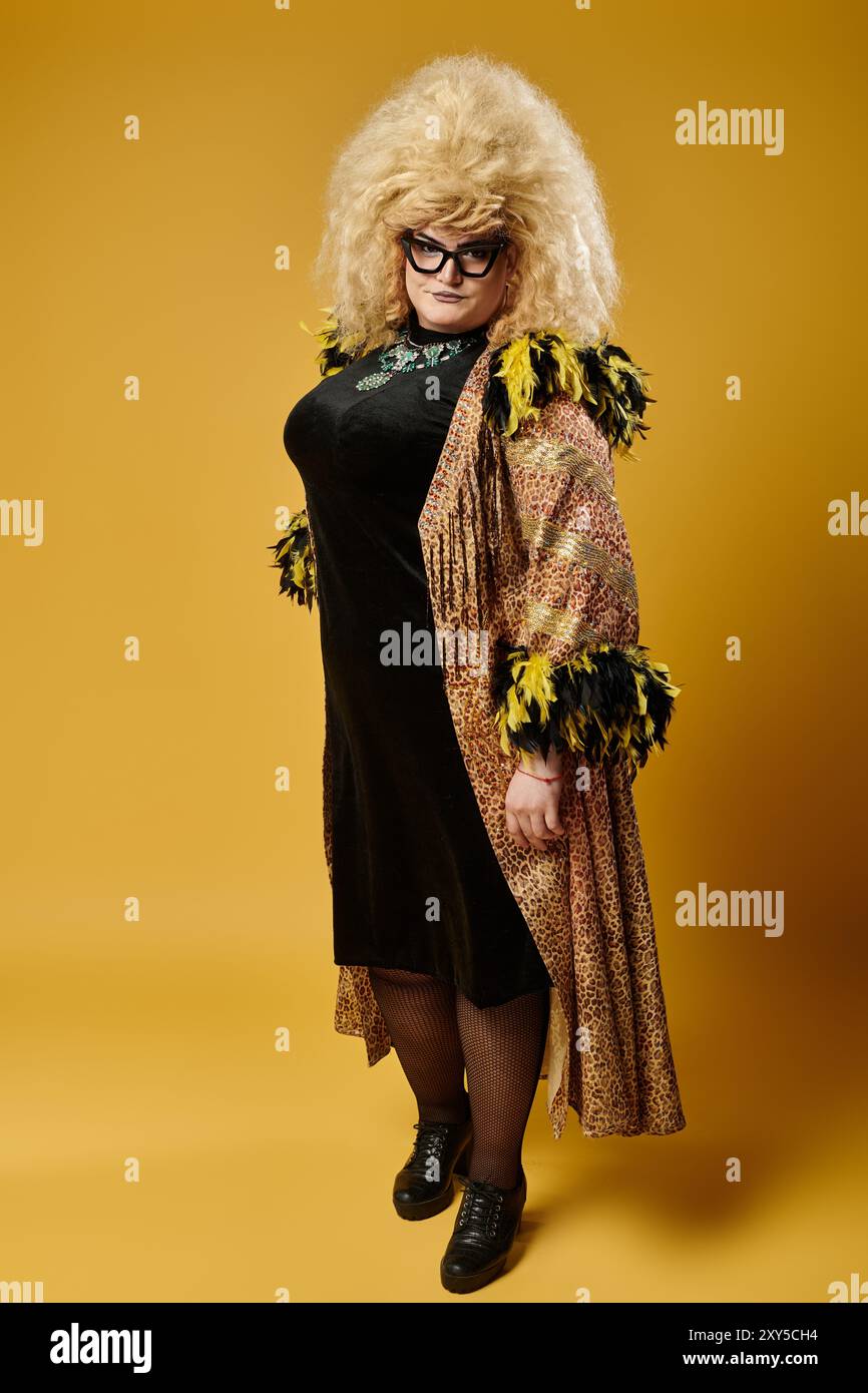 A drag queen in a leopard print robe and black dress poses against a ...
