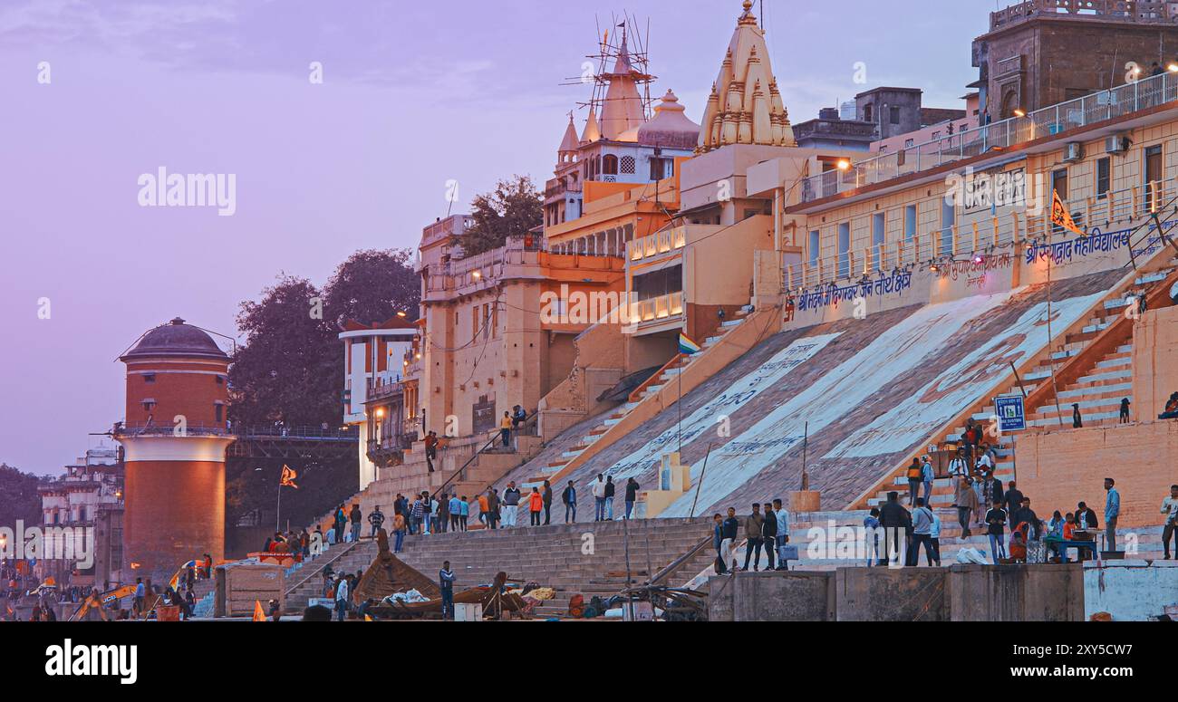Varanasi, India. Close-up View On Jain Ghat. Purple Blue Sunset Sky At ...
