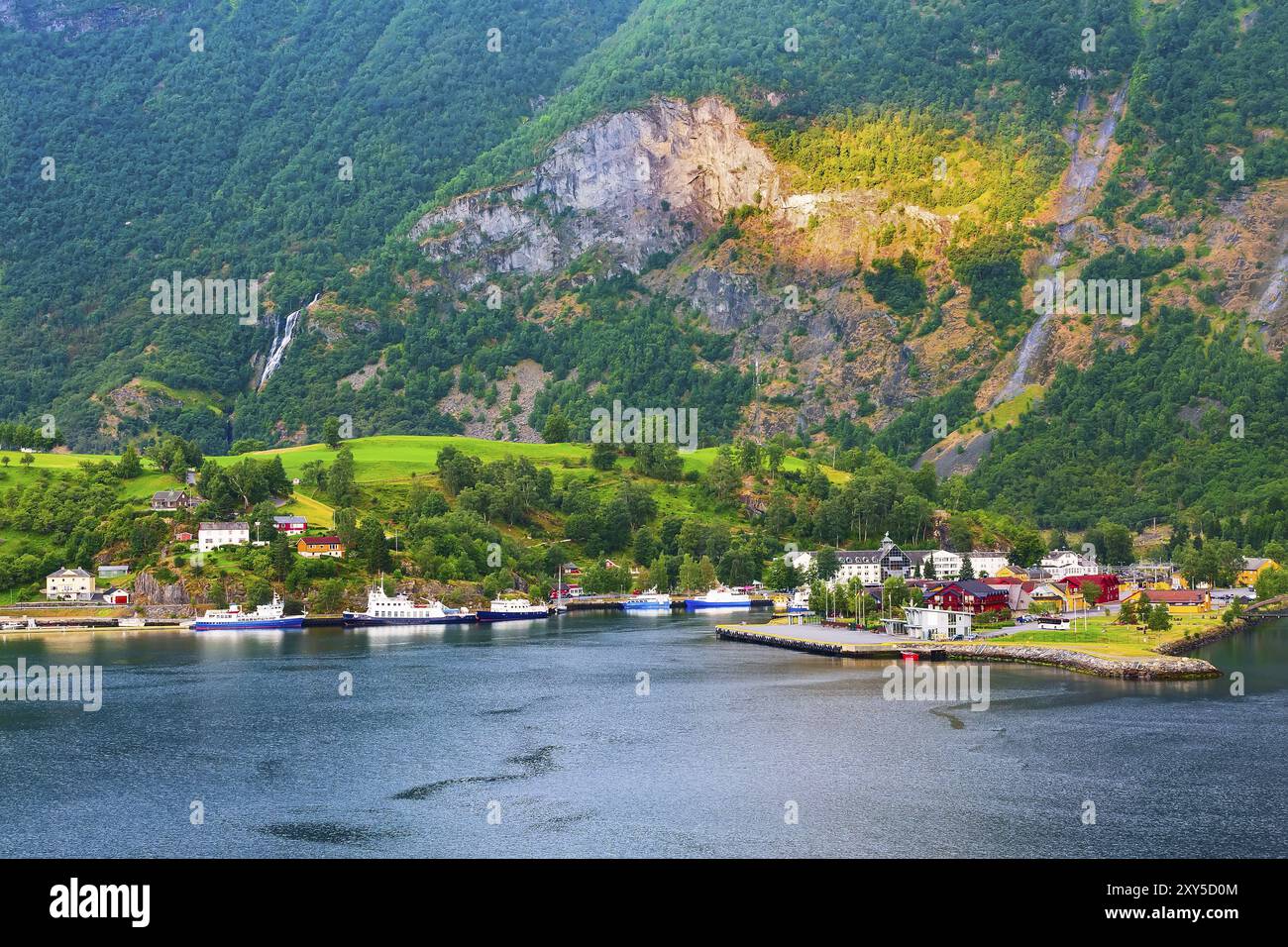 Norwegian fjord village and Sognefjord landscape in Flam, Norway ...