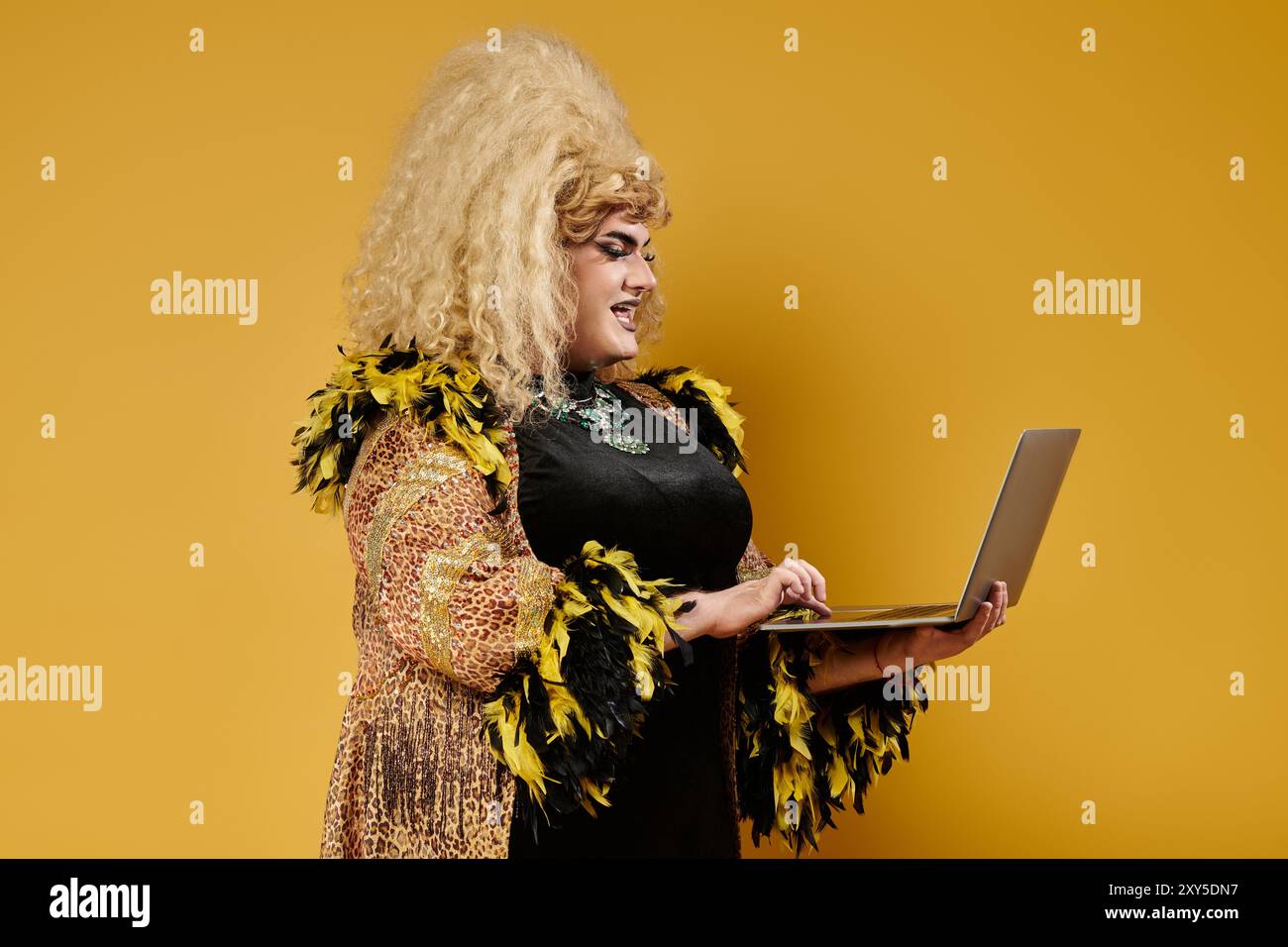Stylish queen in black dress and feathered jacket works on laptop ...