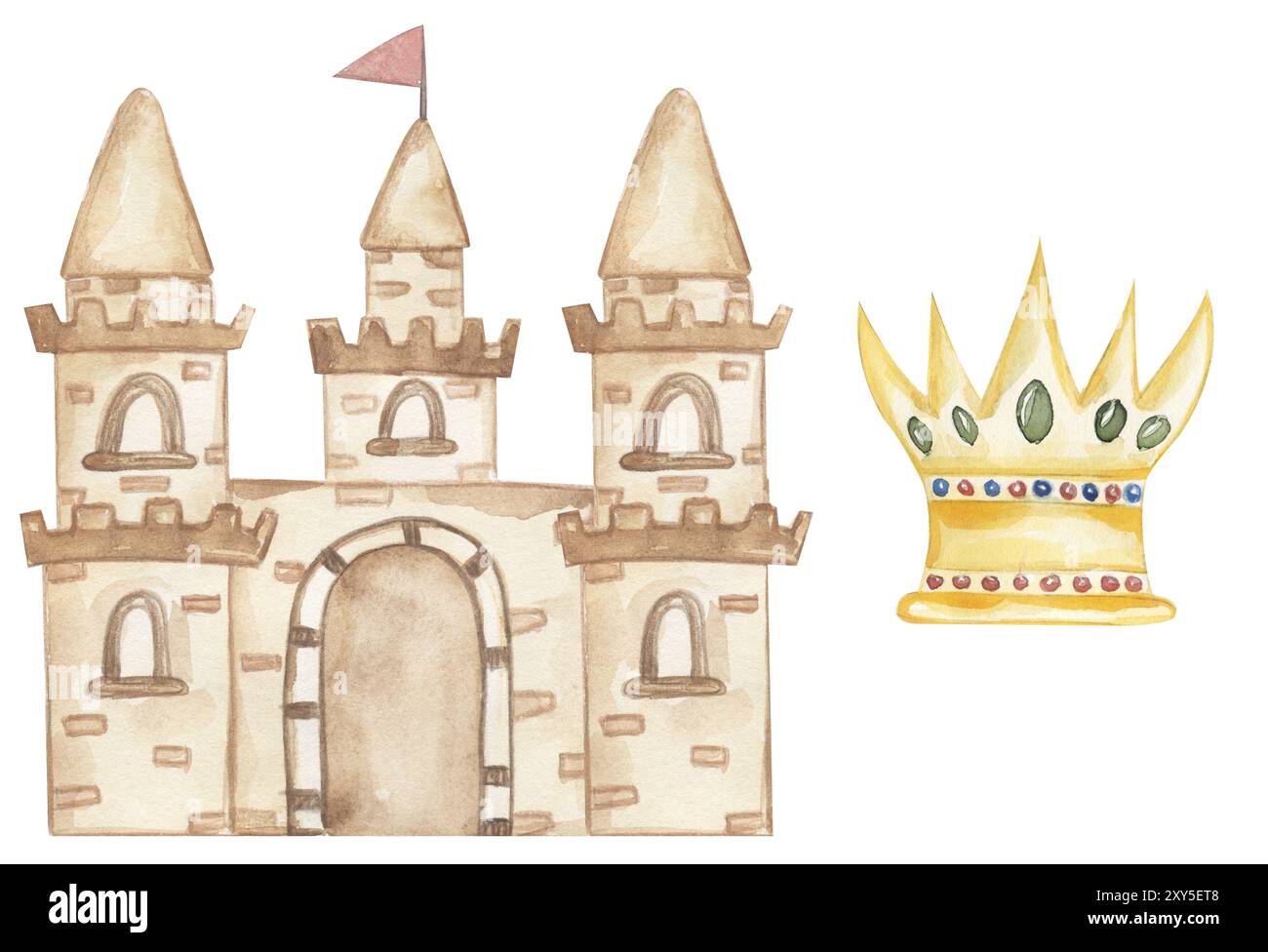 Watercolor queen castle and crown clipart set, hand drawn illustration ...