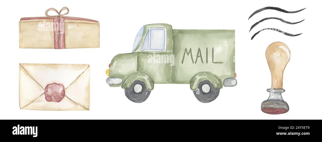 Watercolor post office clipart set, hand drawn mail car, envelope with ...