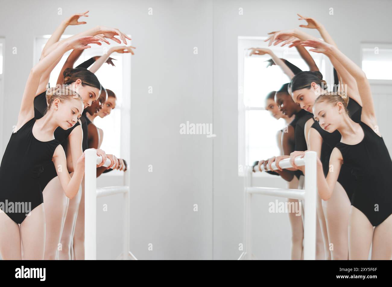 Girl, team and ballet dancers with mirror for performance, stretching ...