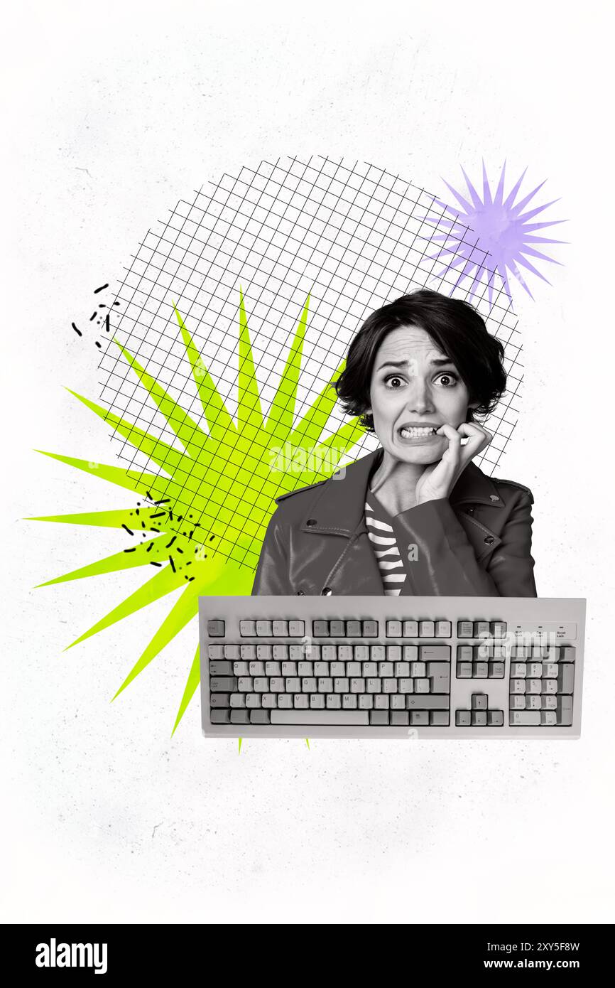 Vertical poster collage young girl afraid scared fear bite nails ...