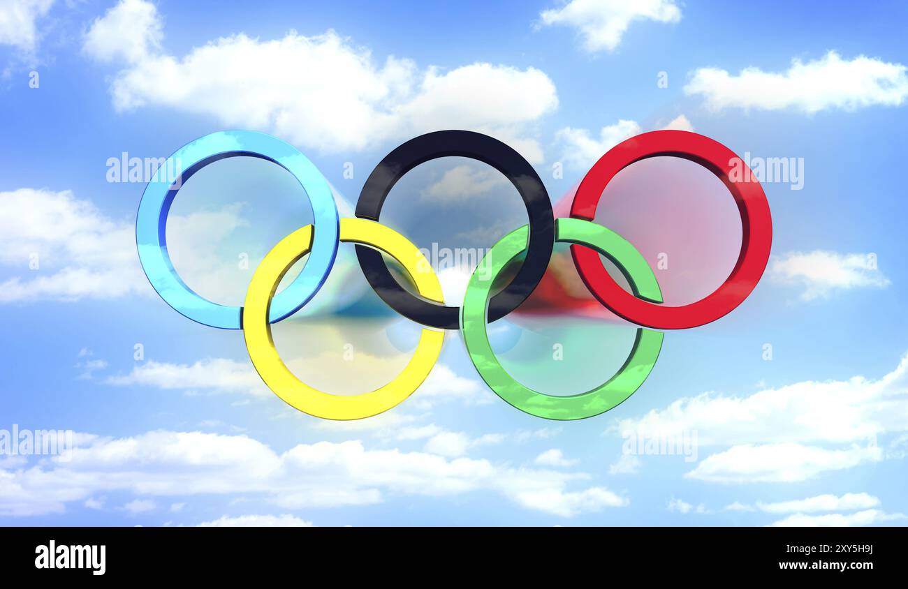 Olympic rings symbol over Blue sky background conceptual 3D ...