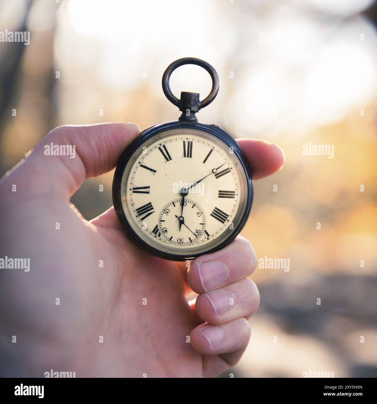 Hand held stop watch outdoors, autumn, blurry background Stock Photo ...