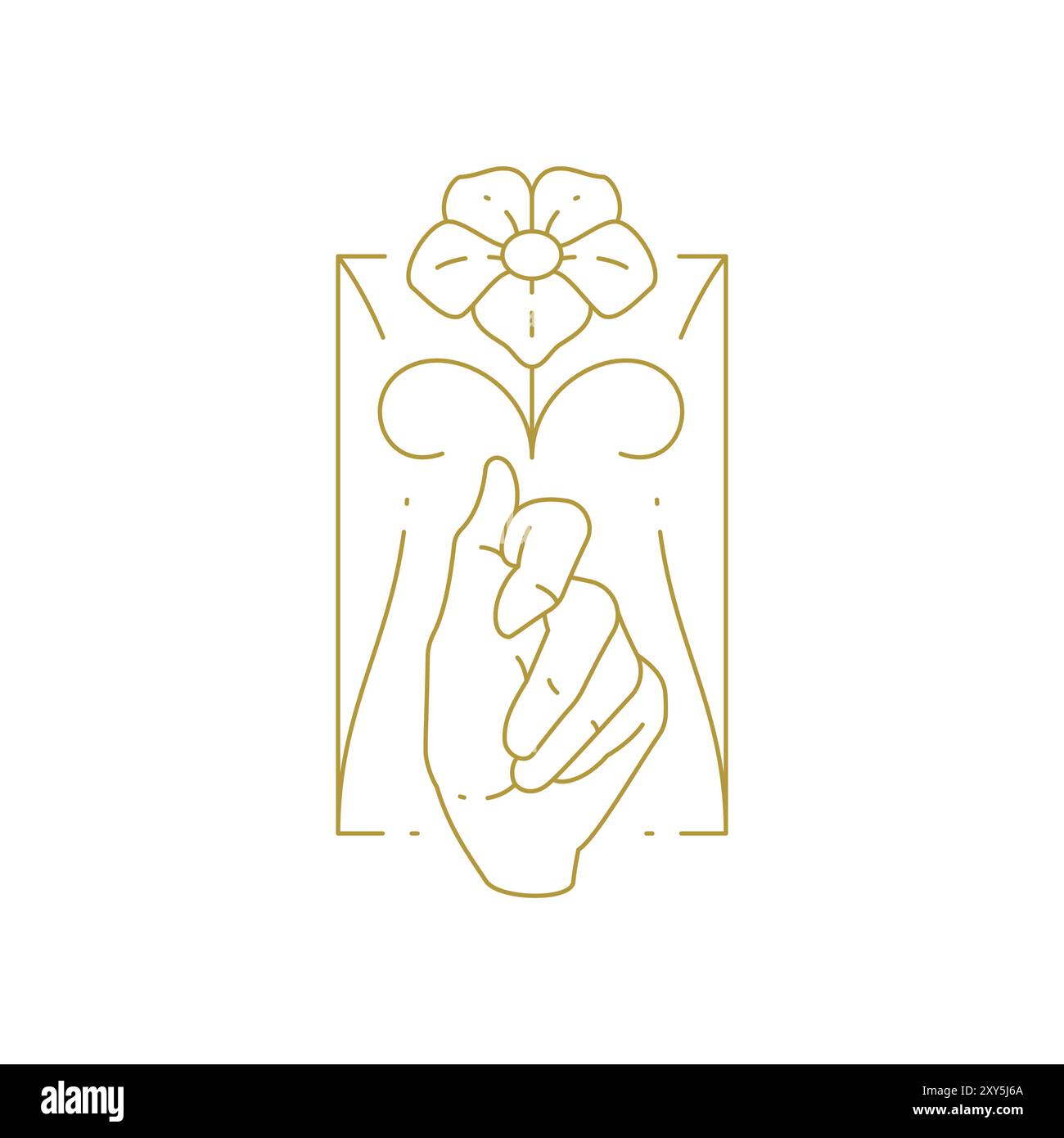 Organic flower in human hand at bohemian frame minimal golden line art ...