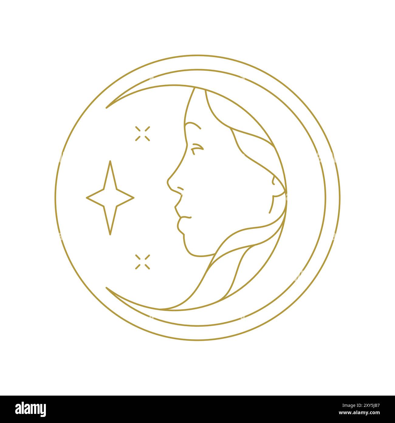 Spiritual mythology woman crescent star face monochrome golden line art ...