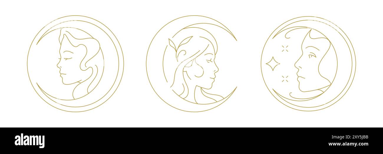 Elegant mythology sacred woman face crescent moon minimal circle line ...