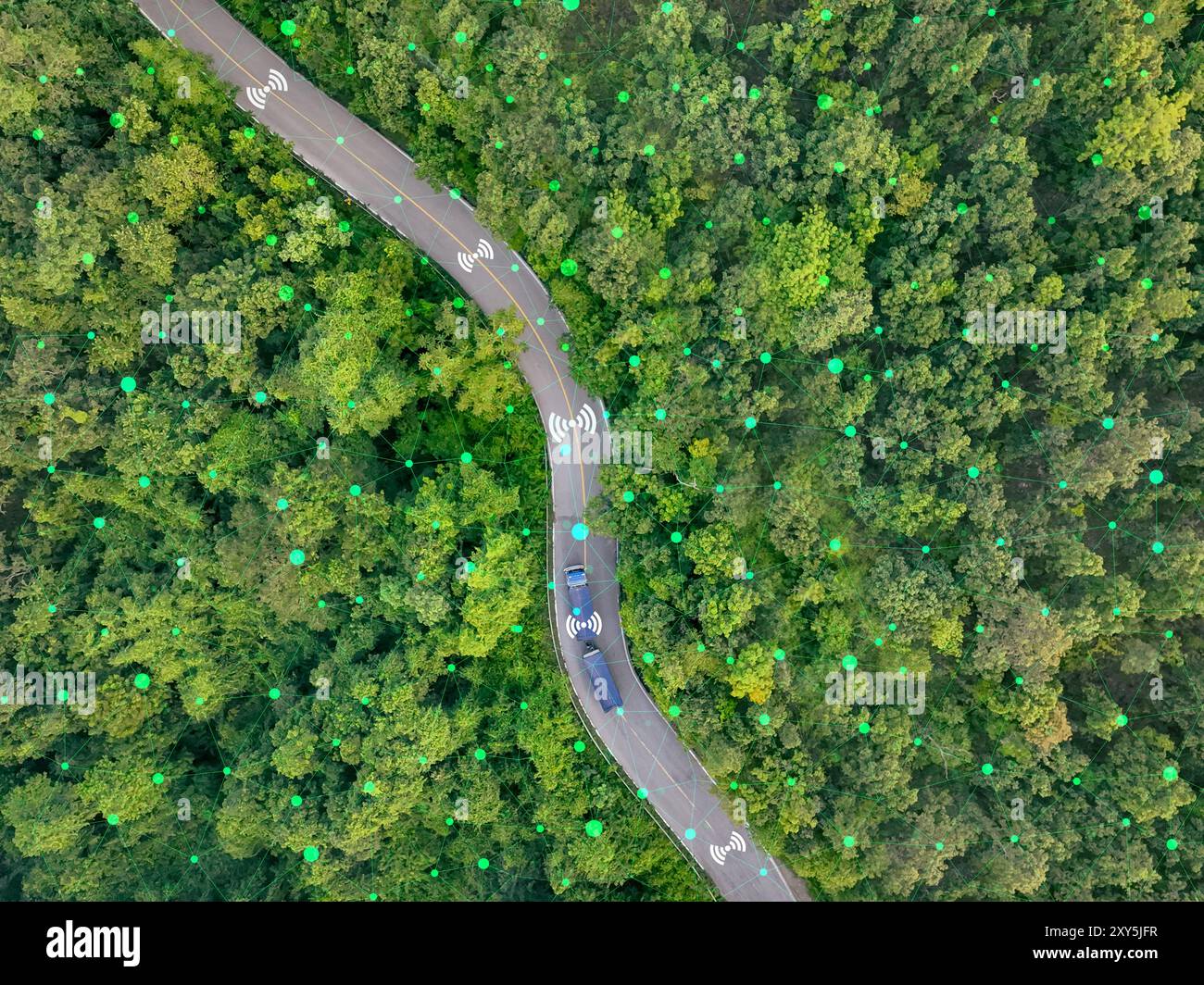 Aerial top view of driverless hydrogen-powered truck driving on highway ...