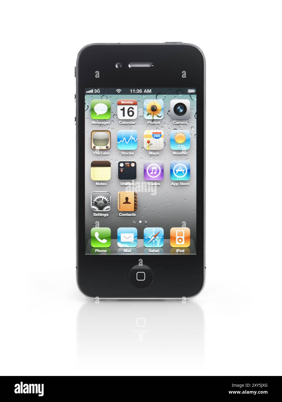 Apple iPhone 4 smartphone with desktop icons on its display isolated ...