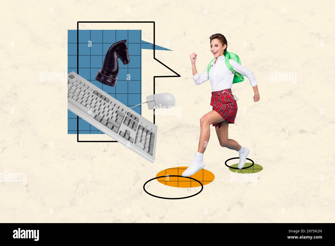 Composite photo collage of happy schoolgirl run school informatics ...