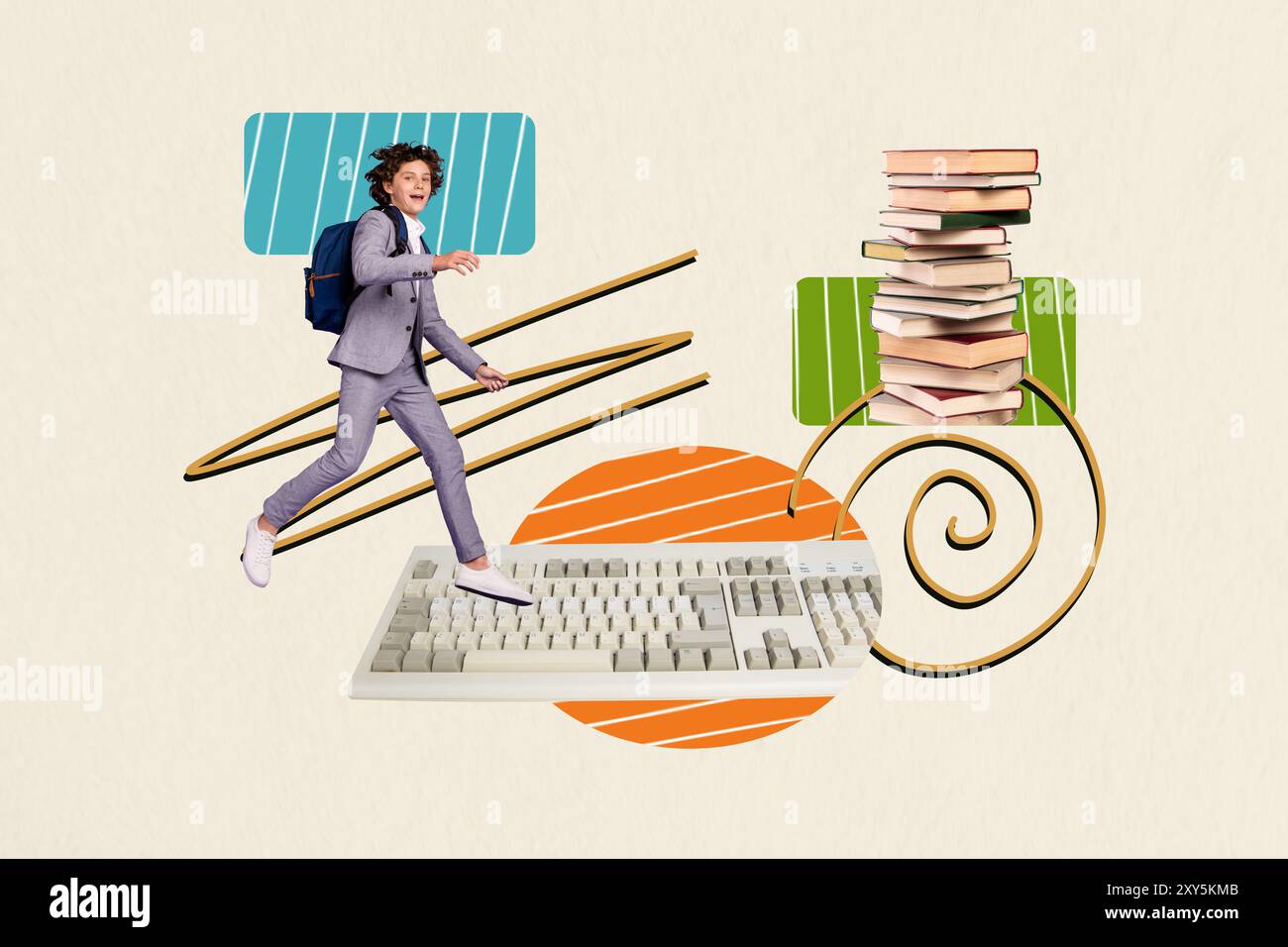 Composite photo collage of happy schoolboy wear uniform backpack run ...