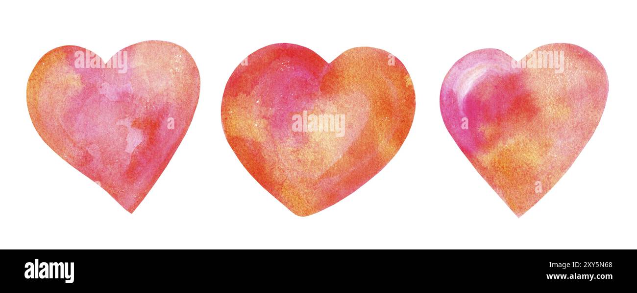 A set of watercolour drawings of vibrant red and pink hearts, isolated ...